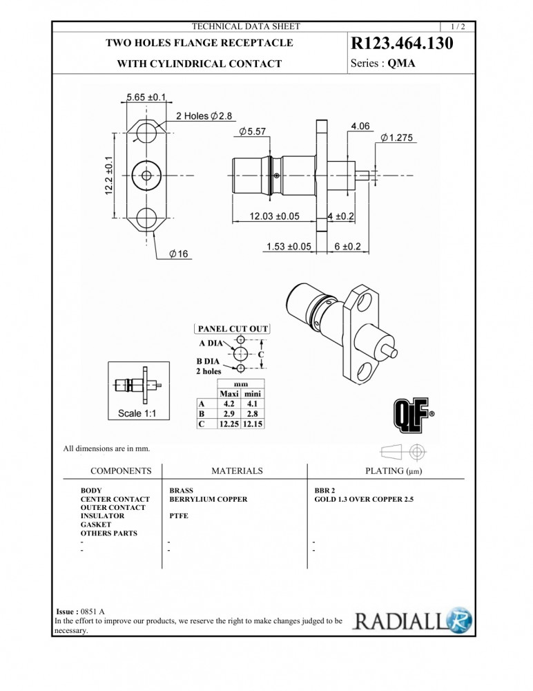 Radiall R123464130 QMA receptacle technical document, page 1