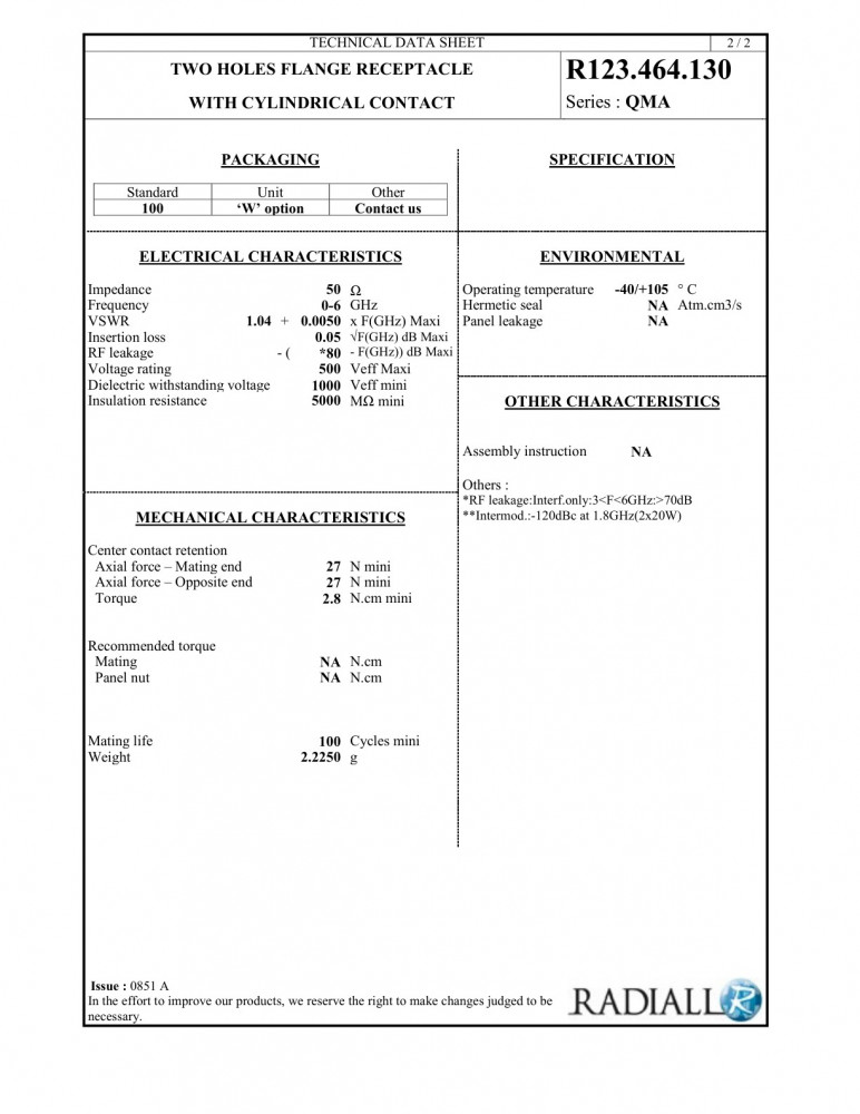 Radiall R123464130 QMA receptacle technical document, page 2
