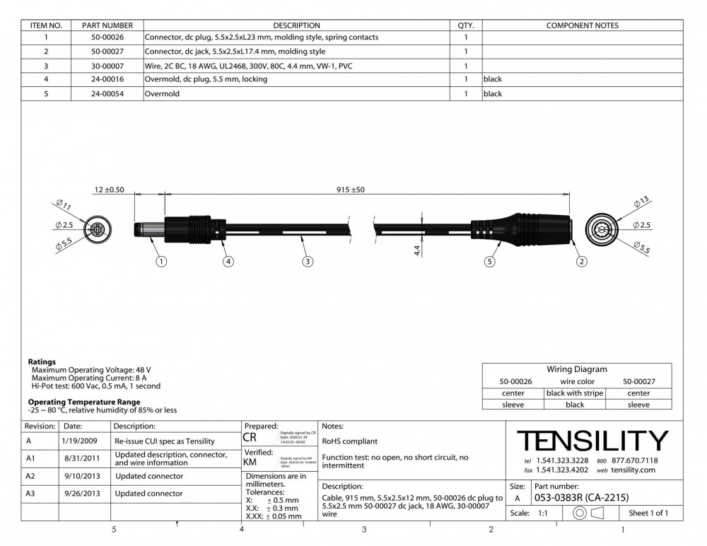 Tensility 053-0383R cable assembly drawing