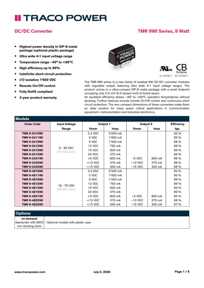 TMR 9WI datasheet page 1