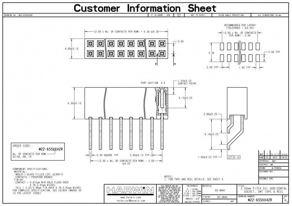 Harwin M22 series technical drawing page 1