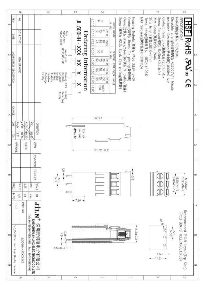 JILN JL500HH terminal block technical drawing and specification sheet