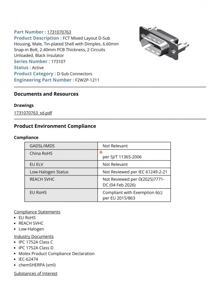 MOLEX 1731070763 product drawing, page 1