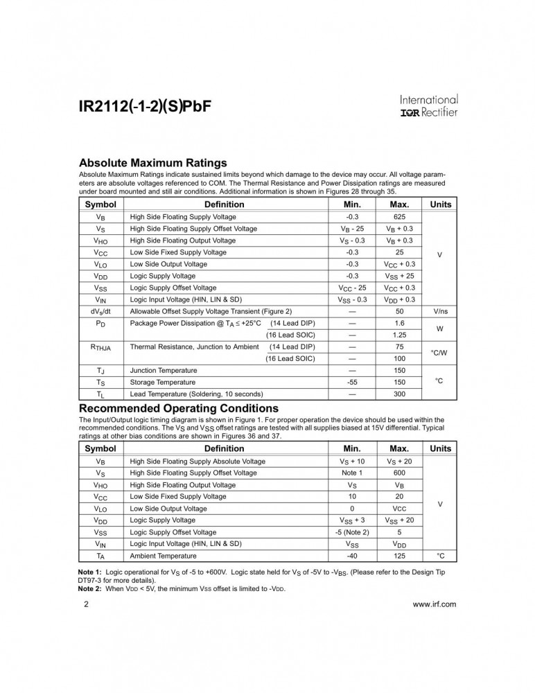 IR2112STRPBF technical document page 2