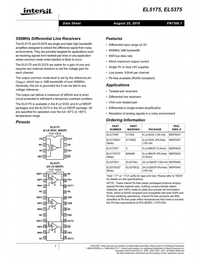 EL5175IY datasheet page 1