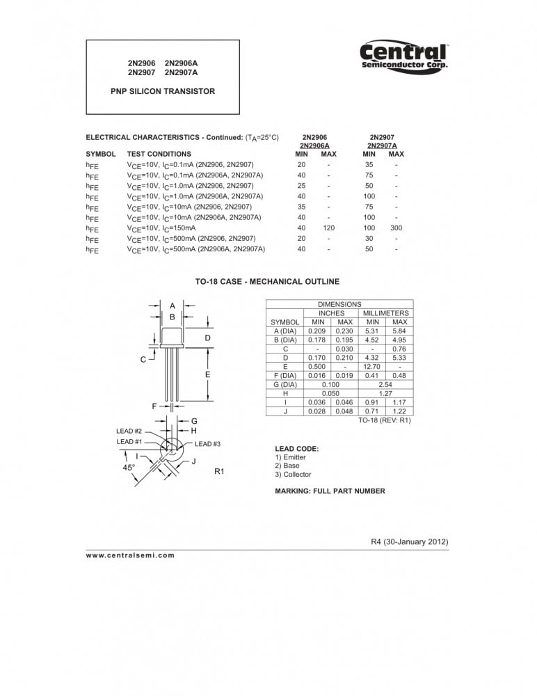 Central 2N2906 PBFREE datasheet page 2