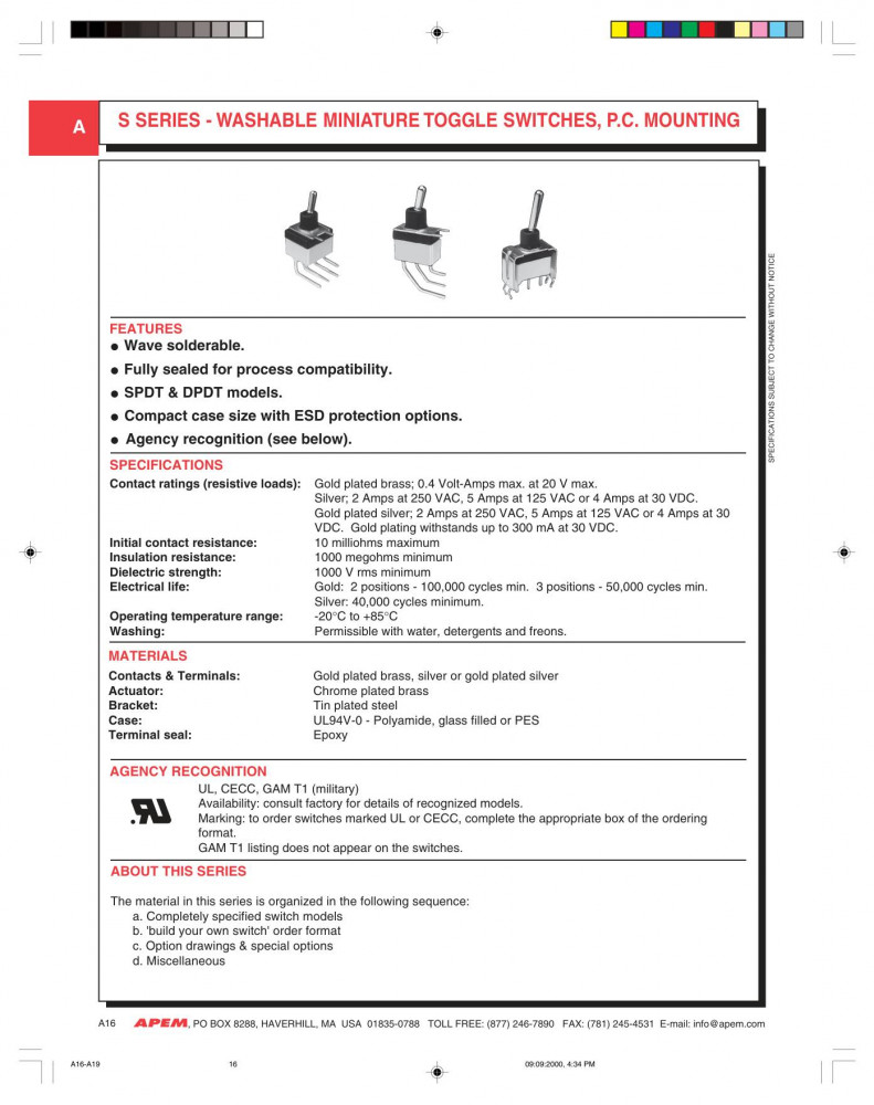 APEM S Series datasheet page 1