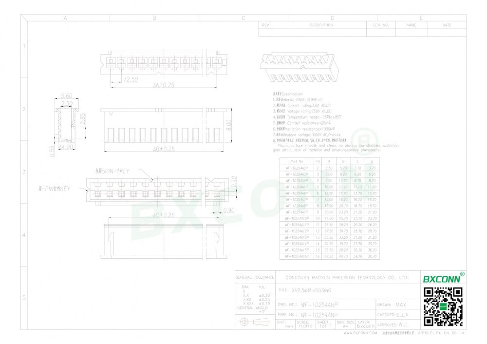 BXCONN WF-1D254A12P technical drawing page