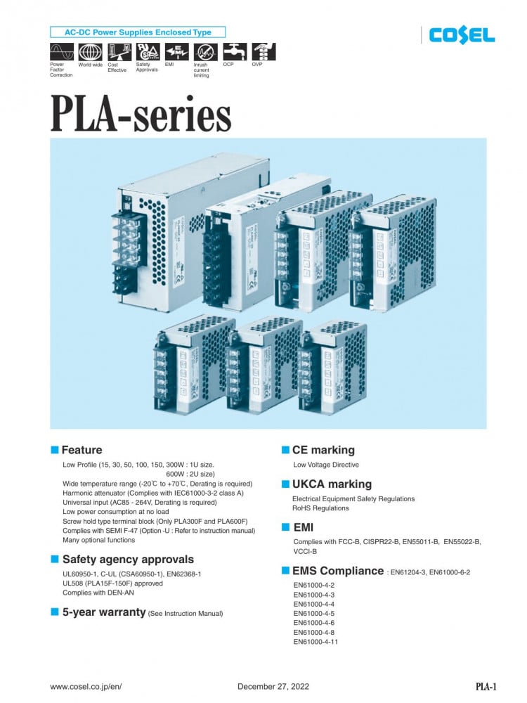 Cosel PLA series datasheet page 1