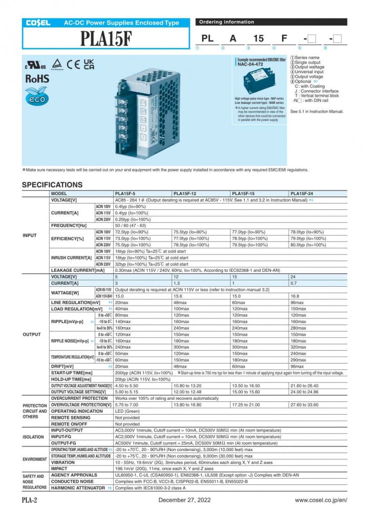 Cosel PLA series datasheet page 2