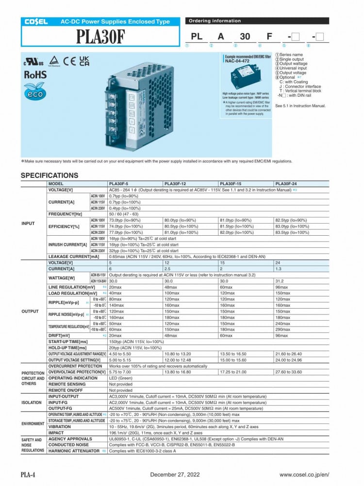 Cosel PLA series datasheet page 4