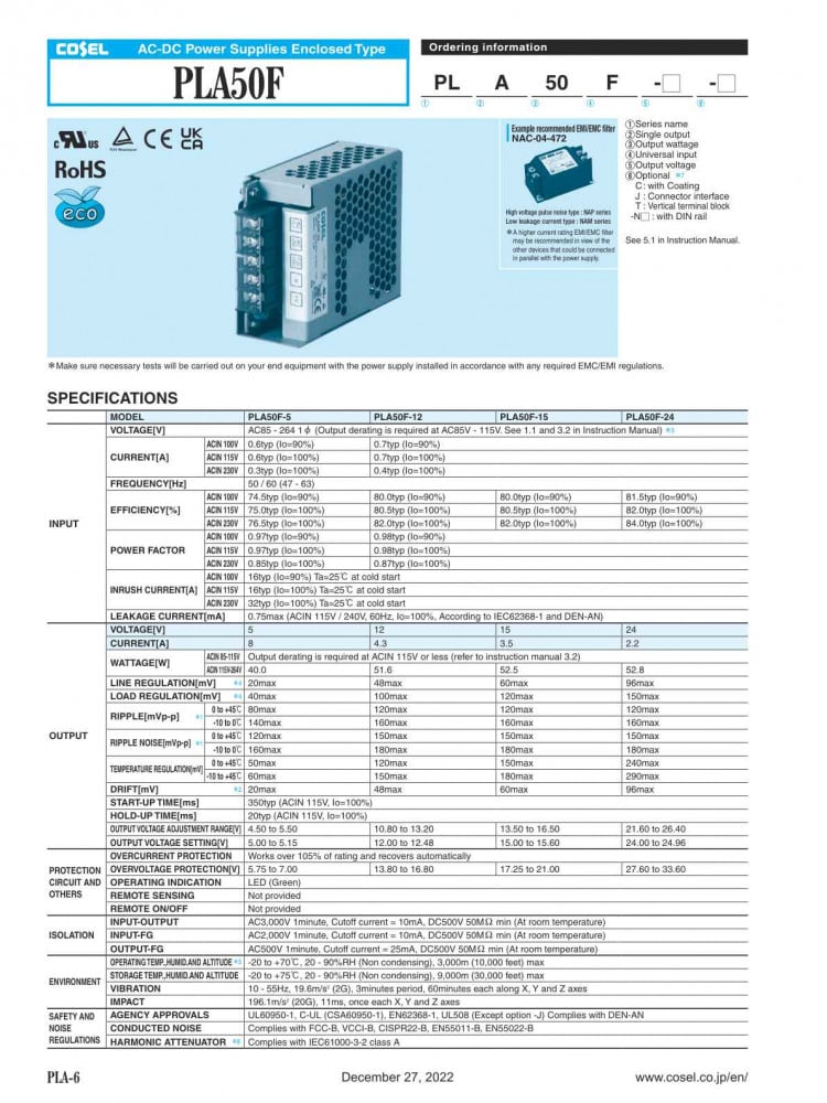 Cosel PLA series datasheet page 6