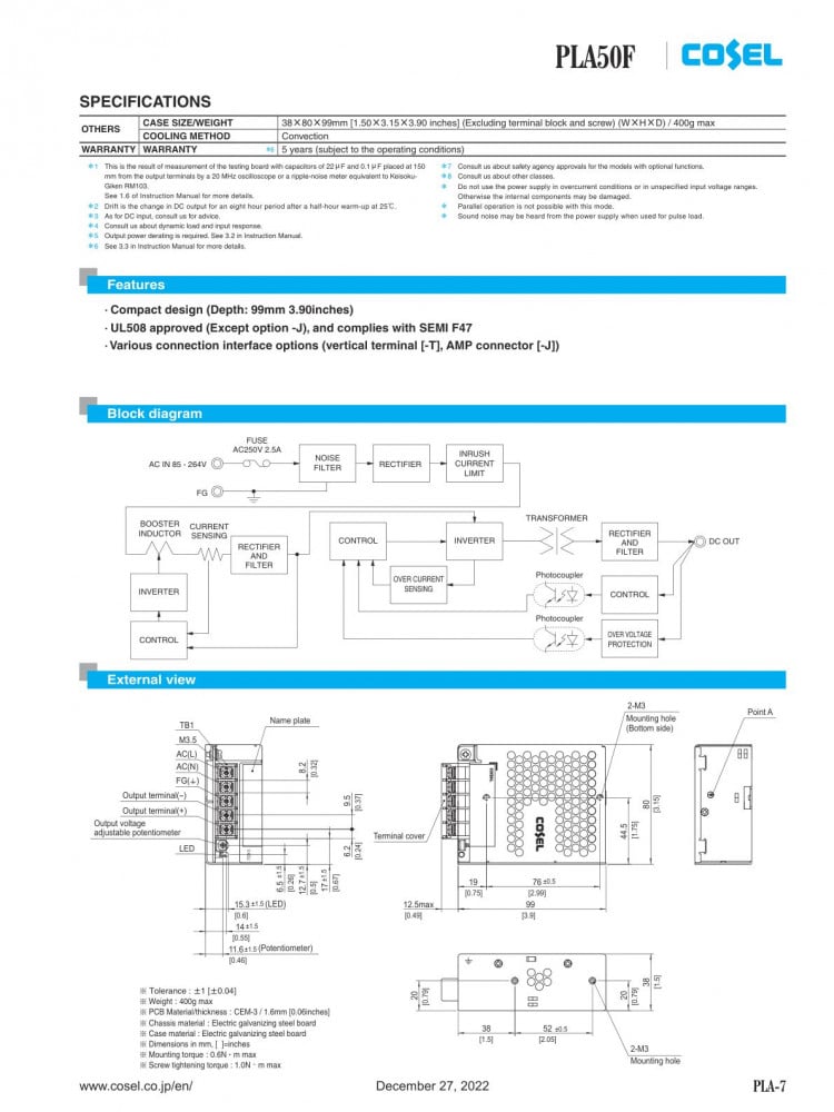 Cosel PLA series datasheet page 7