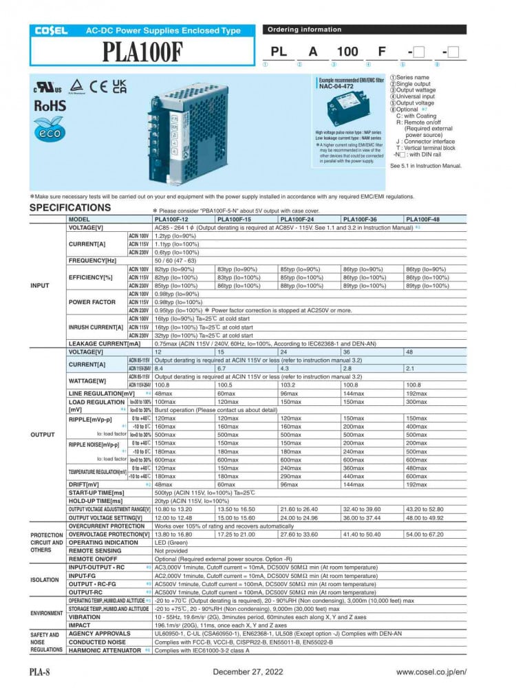Cosel PLA series datasheet page 8