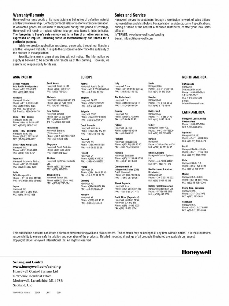 Honeywell 943 Series ultrasonic distance sensor document page 2