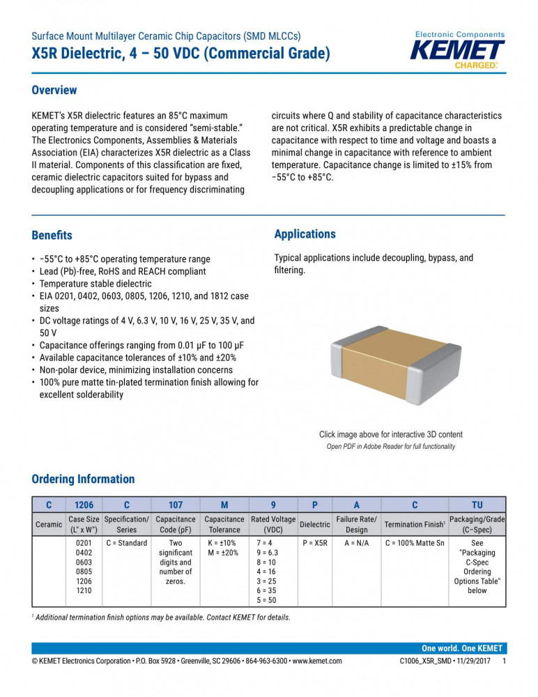 KEMET C1206C106K3PAC7800 datasheet page 1