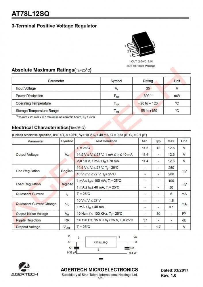 AT78L12SQ electrical characteristics and package information