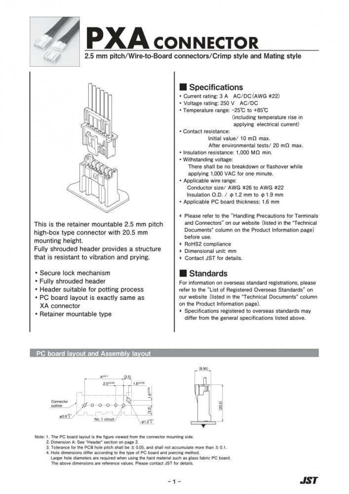 JST SPXA connector datasheet page 1