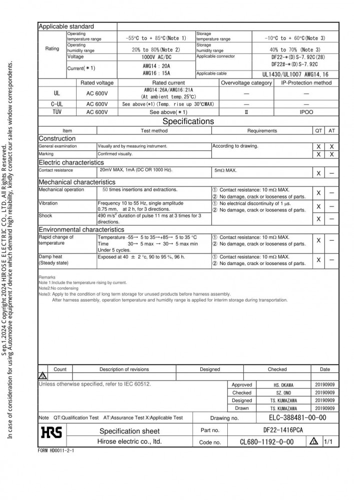 HRS DF22-1416PCA specification sheet preview