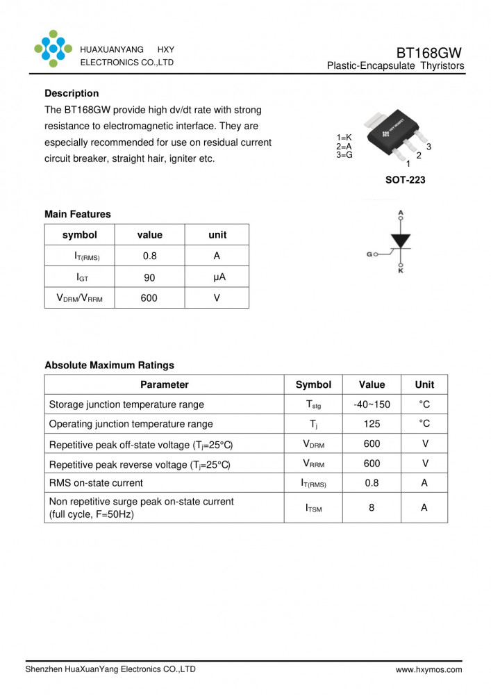 BT168GW-HXY technical document page 1