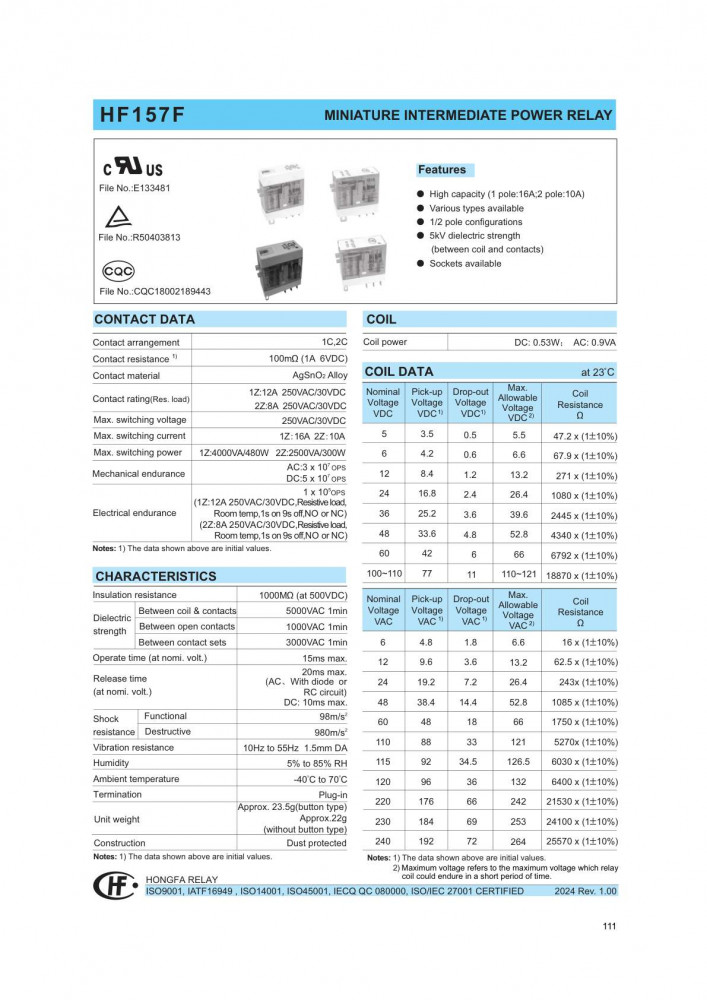 HF157F datasheet page 1