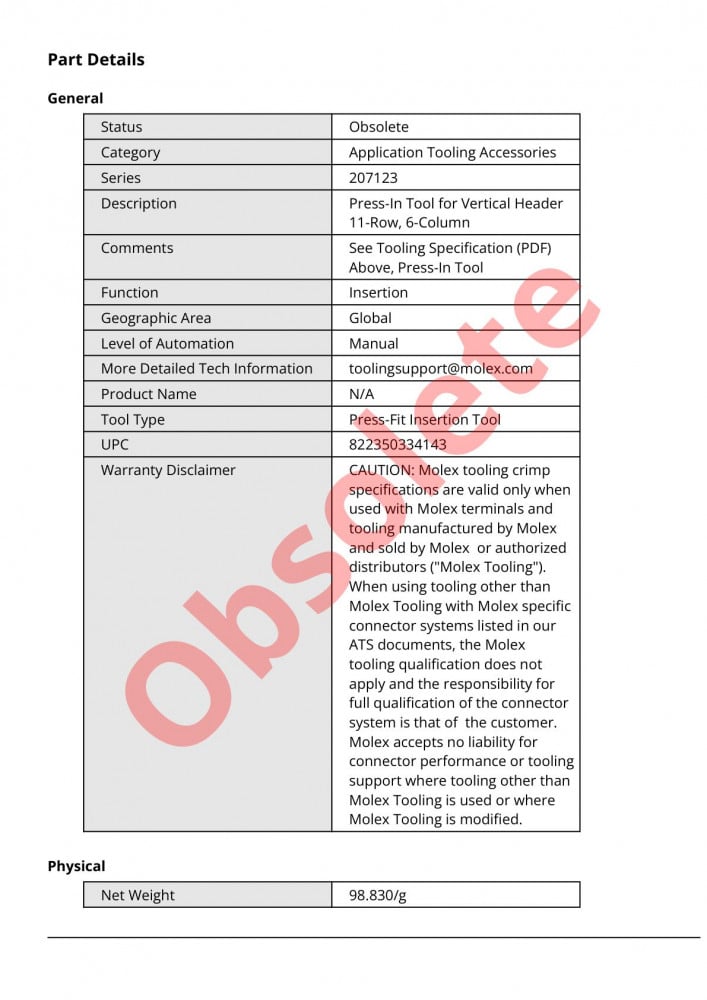 Technical document page 2 for Molex tooling