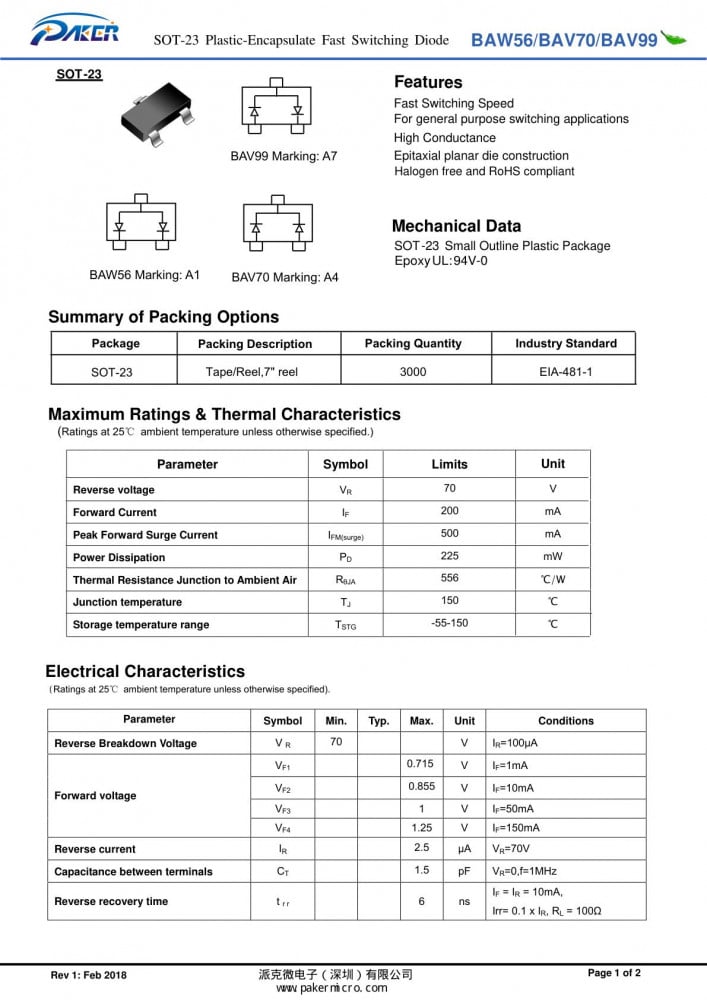 PAKER BAV70 datasheet page 1