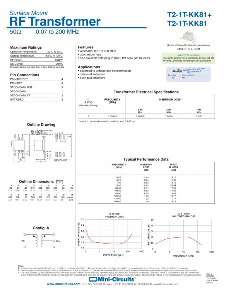 Mini-Circuits T2-1T-KK81+ technical document page