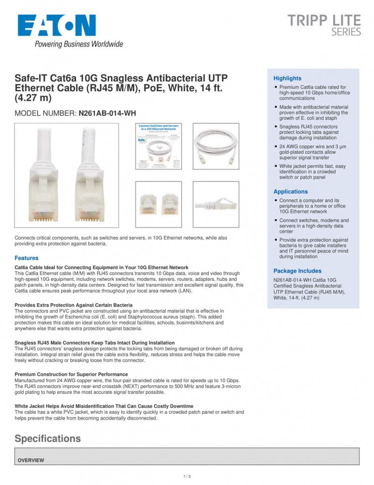 EATON N261AB-014-WH technical document page 1