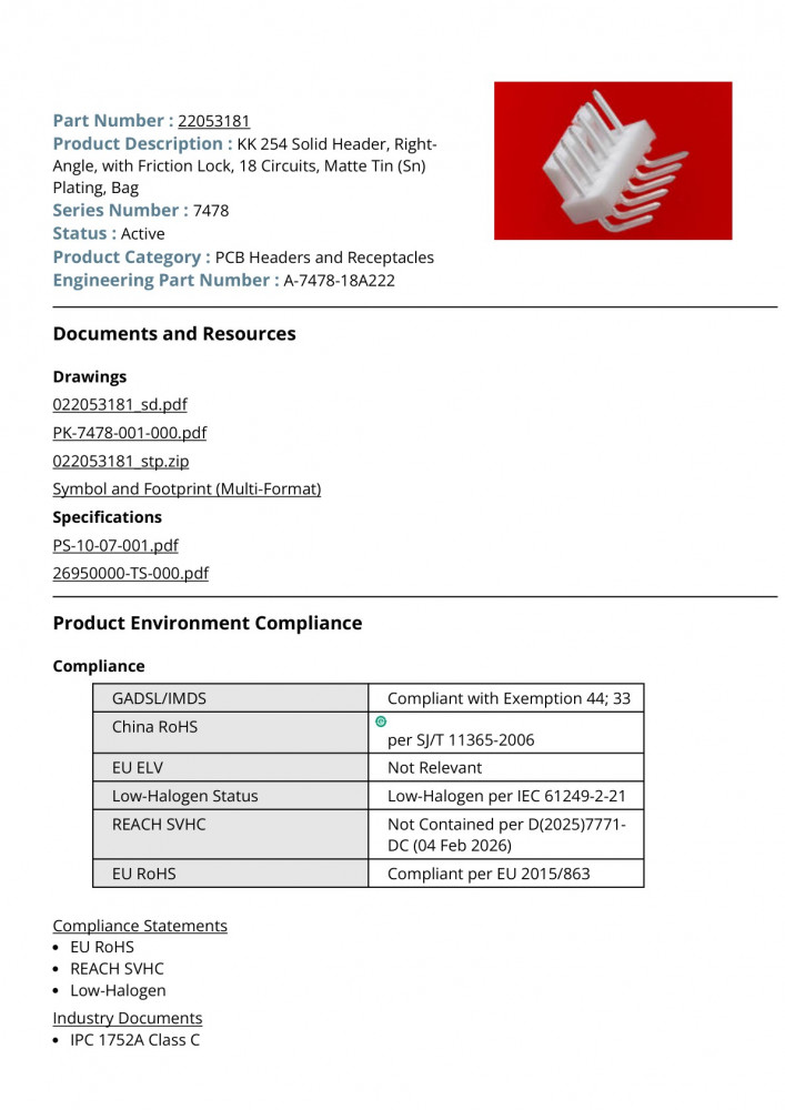 MOLEX 22053181 product document, page 1