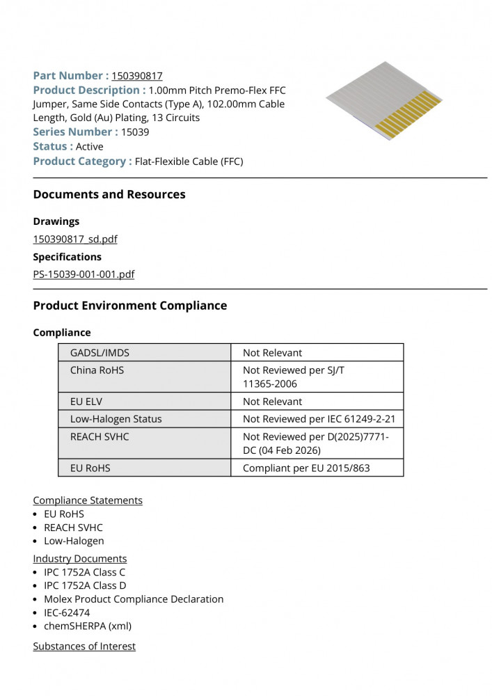 Molex 1.00 mm pitch FFC specification, page 1