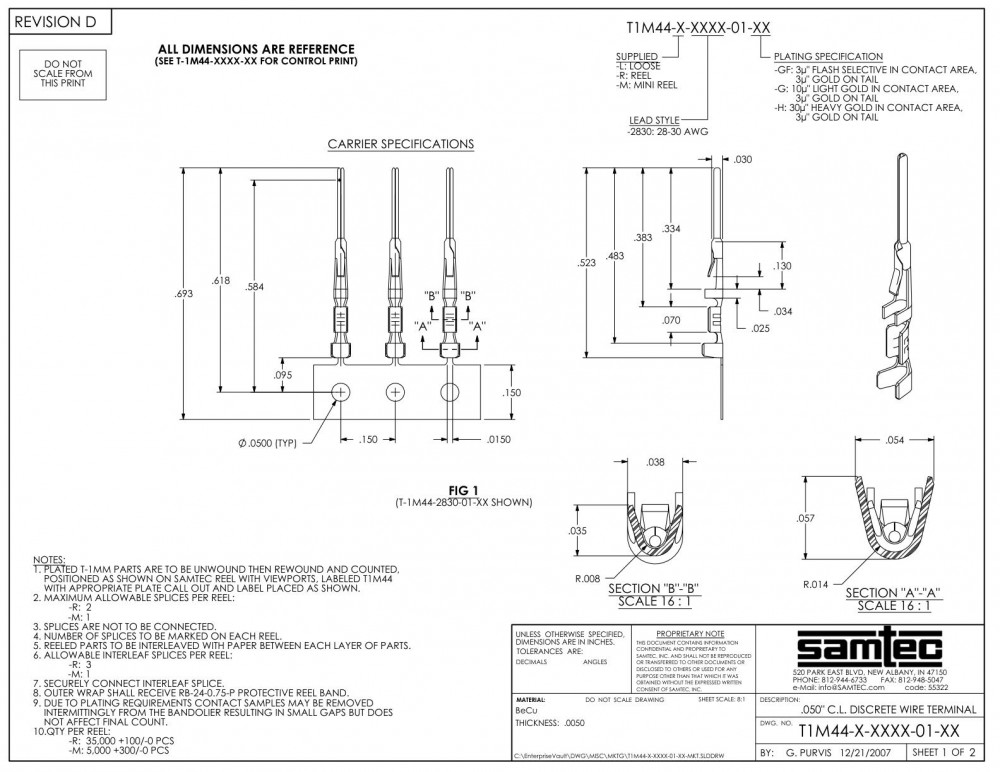 Samtec T1M44 carrier and plating specification page