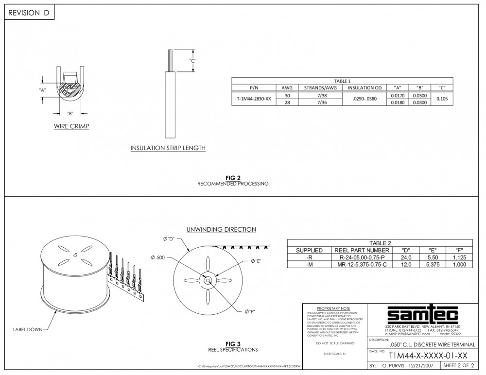 Samtec T1M44 terminal, wire crimp, and reel specification page