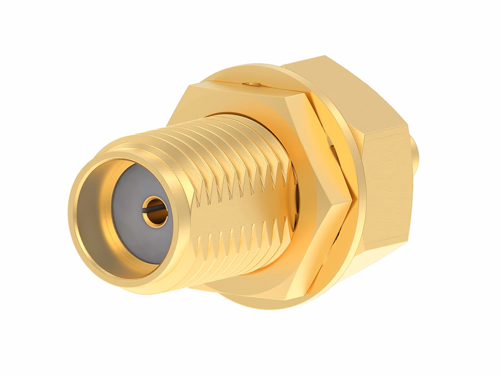 SMA Jack, Straight, 4-Hole Flange Mount, Candlestick Contact, 7.00mm Length, Brass Body, Gold (Au) Plated, One Piece Per Bag, 50 Ohms