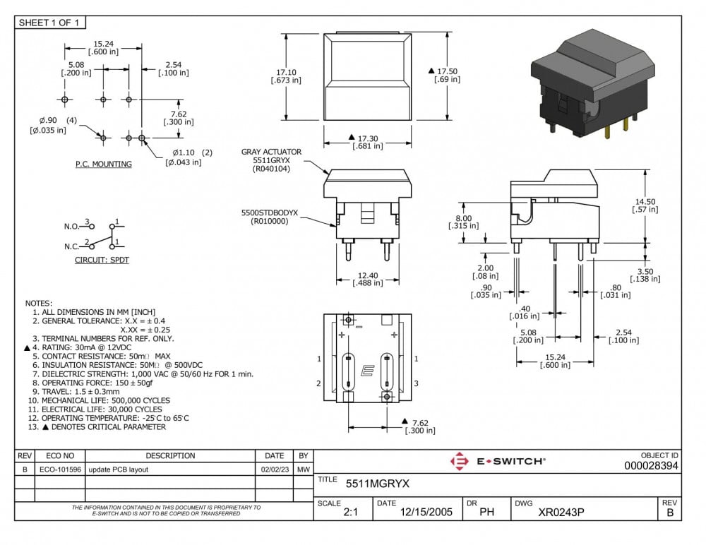 E-Switch 5511MGRYX technical drawing page