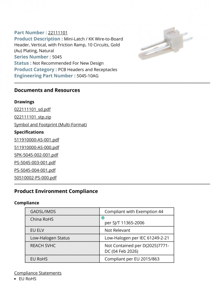 MOLEX 22111101 technical document preview, page 1