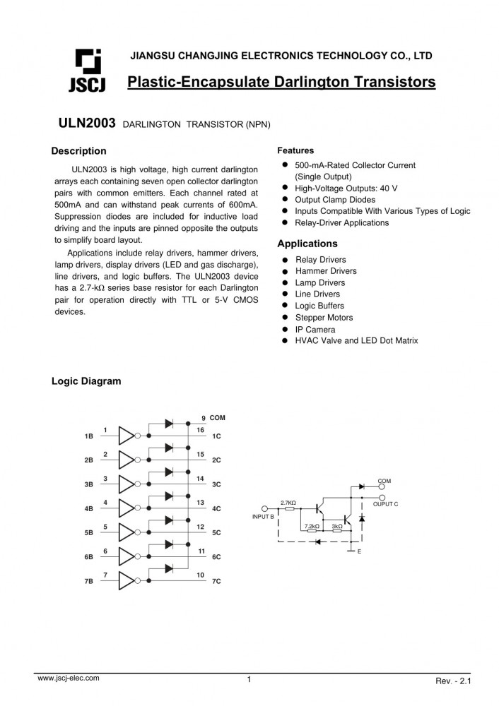 ULN2003 datasheet page 1