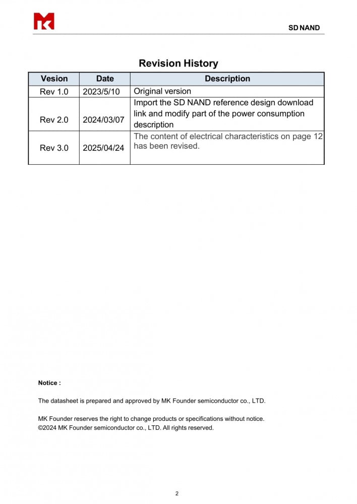 MK SD NAND datasheet page 2