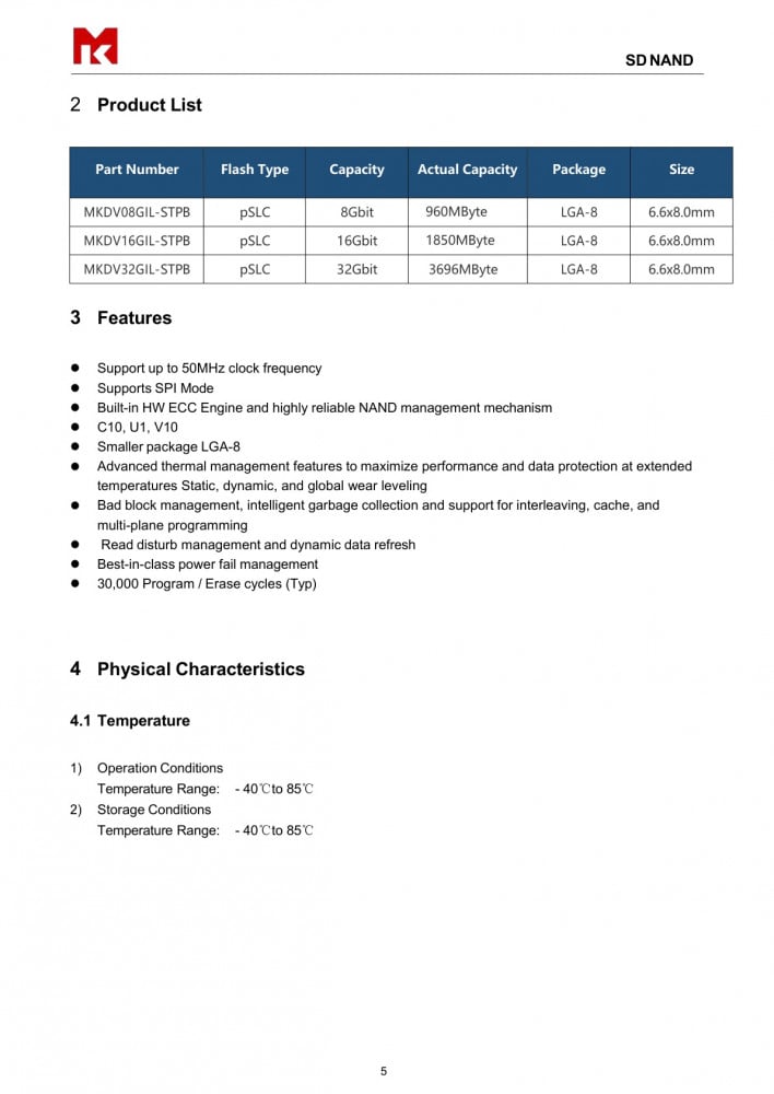MK SD NAND datasheet page 5
