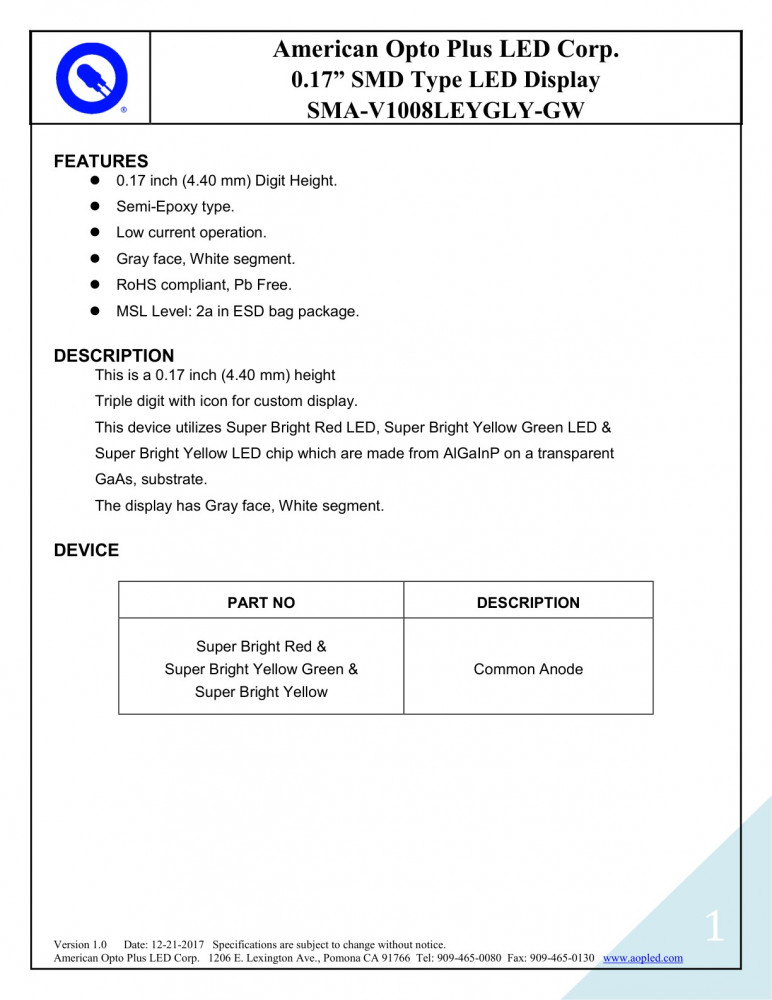 SMA-V1008LEYGLY-GW datasheet page 1