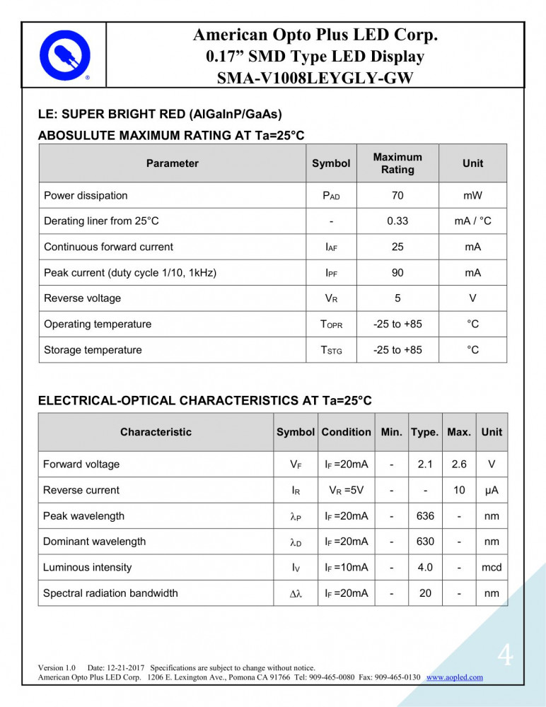 SMA-V1008LEYGLY-GW datasheet page 4