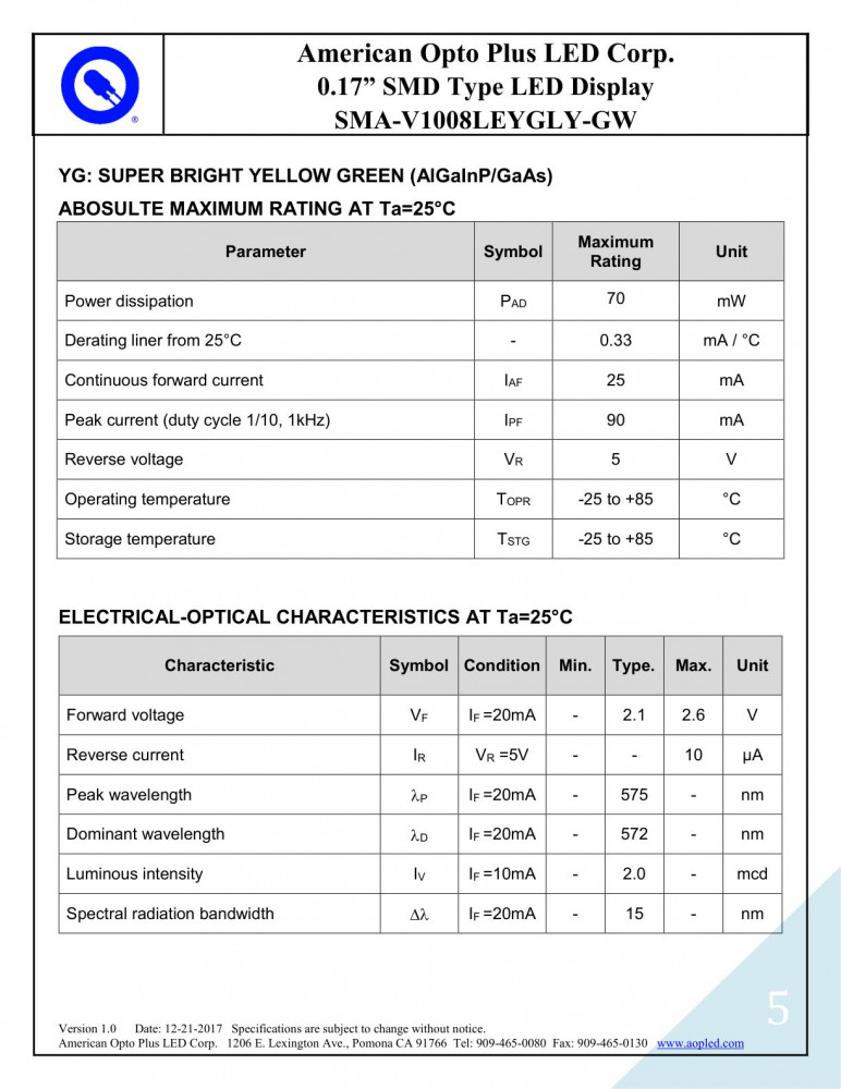 SMA-V1008LEYGLY-GW datasheet page 5