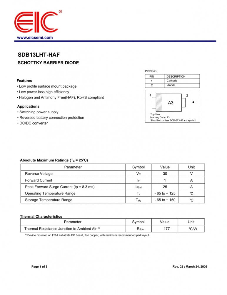 SDB13LHT datasheet page 1