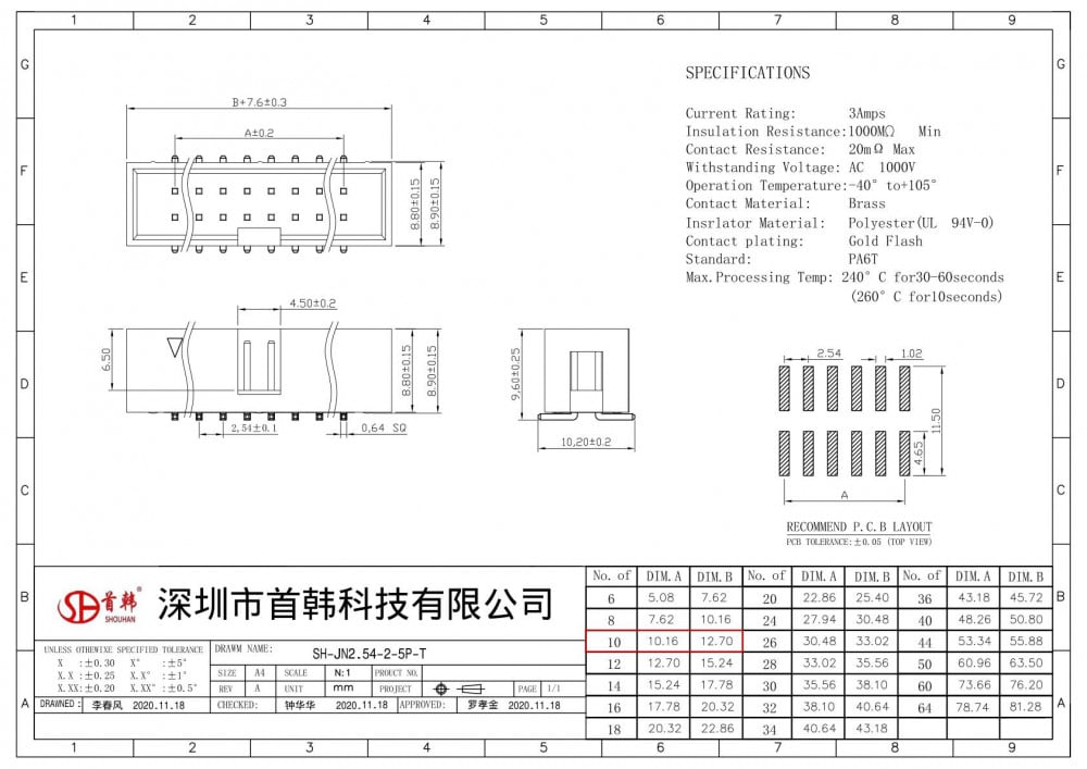 SH-JN2.54-2-5P-T technical drawing