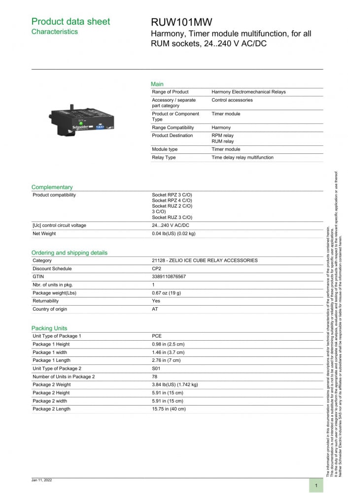 RUW101MW technical document page 1