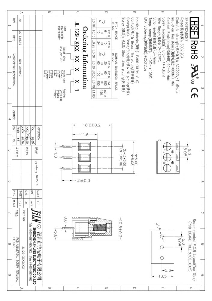 JILN JL129 series technical drawing