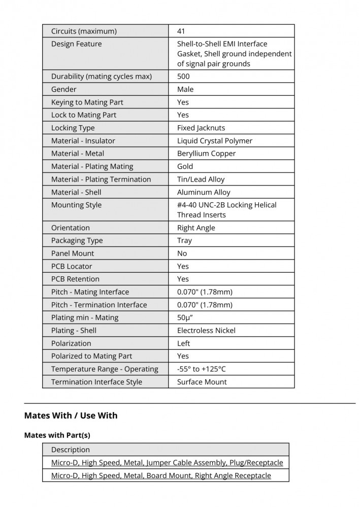 Technical document page 2 for the Micro-D connector