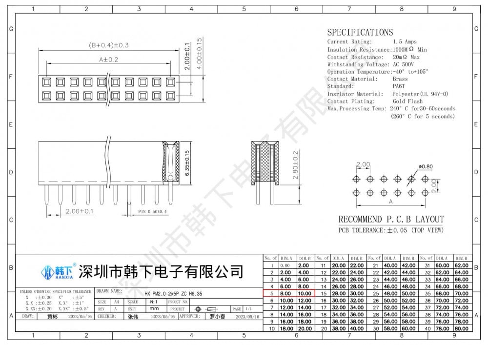 HANXIA HX PM2.0-2x5P ZC H6.35 technical drawing