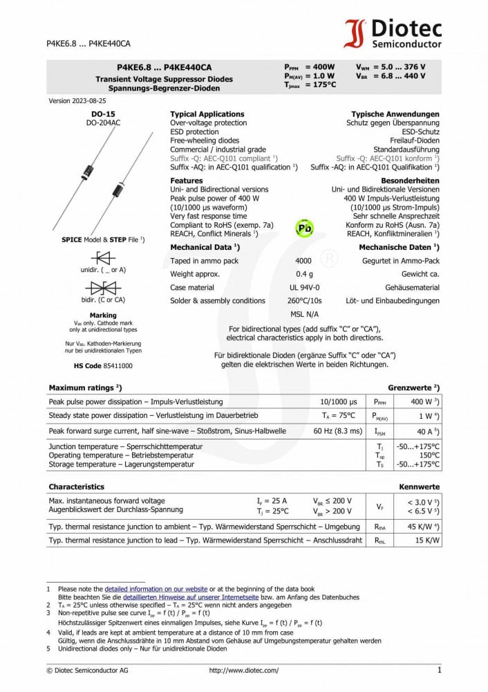 DIOTEC P4KE TVS datasheet page 1