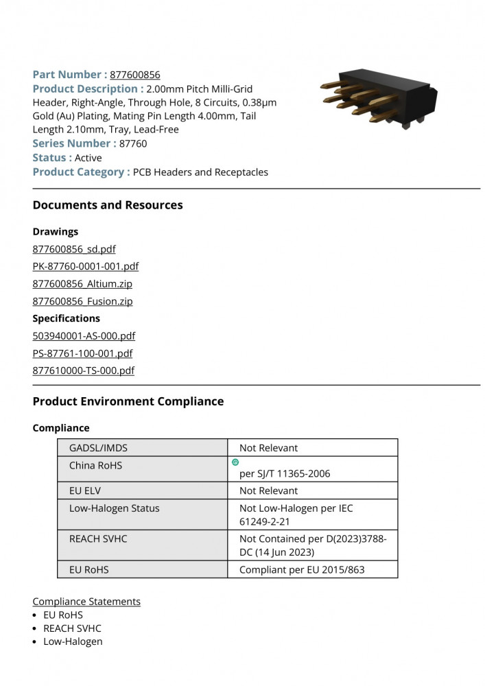 Technical document page 1 for MOLEX 877600856